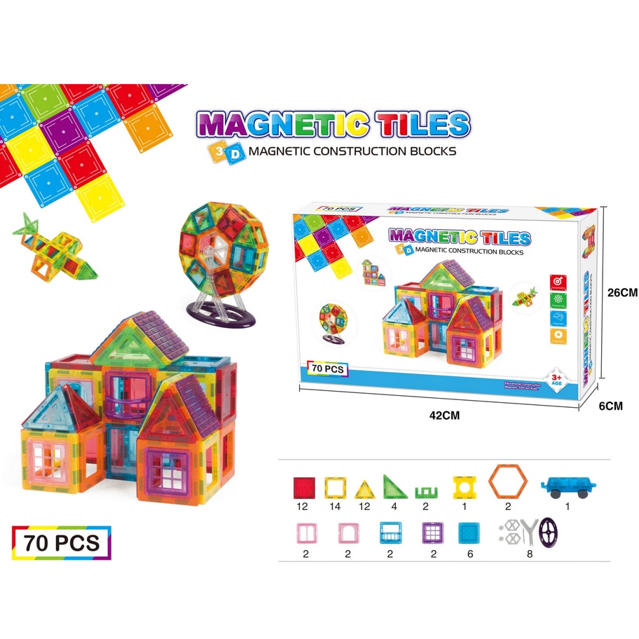 Set 70 piese magnetice de construit educational si creativ pentru copii ...