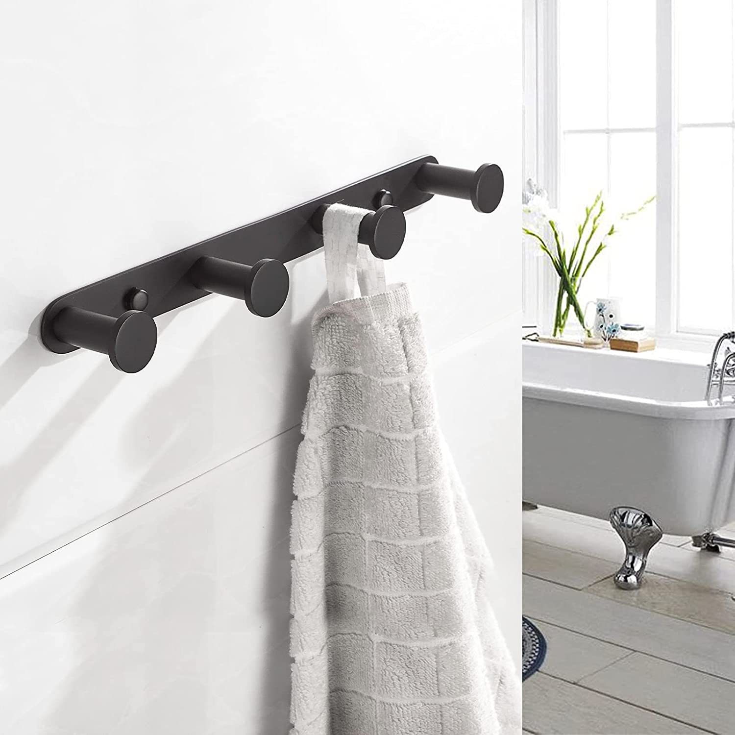Suport de perete pentru prosoape cu 4 carlige, Inox, Negru - eMAG.ro