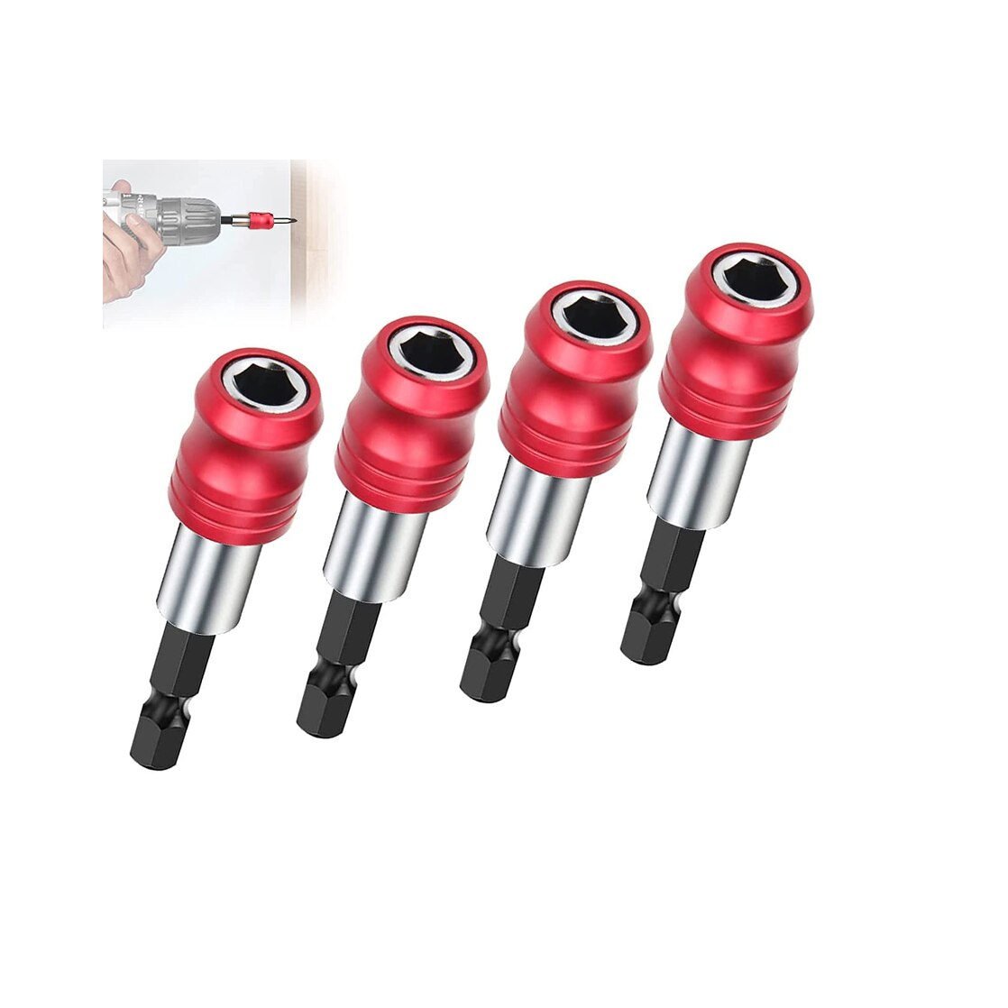 Set 4 suporturi pentru biti magnetic, Otel, 1/4", 60 mm, Rosu/Argintiu ...
