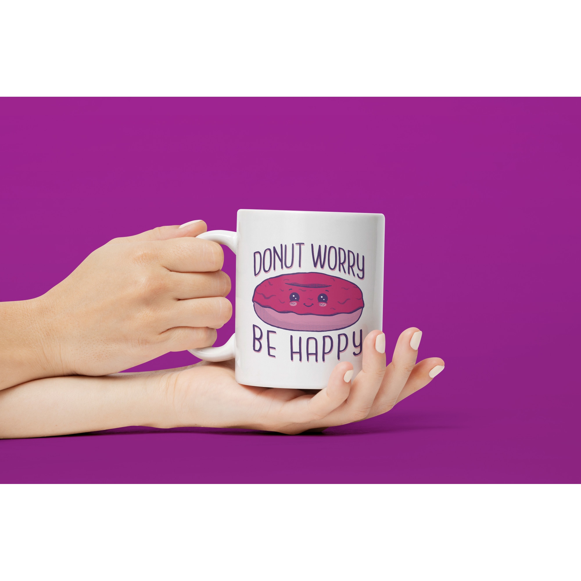 Cana Cu Mesaj Haios Donut Worry Be Happy, Text In Engleza, Gogoasa Roz Glazurata Cu Chip ...