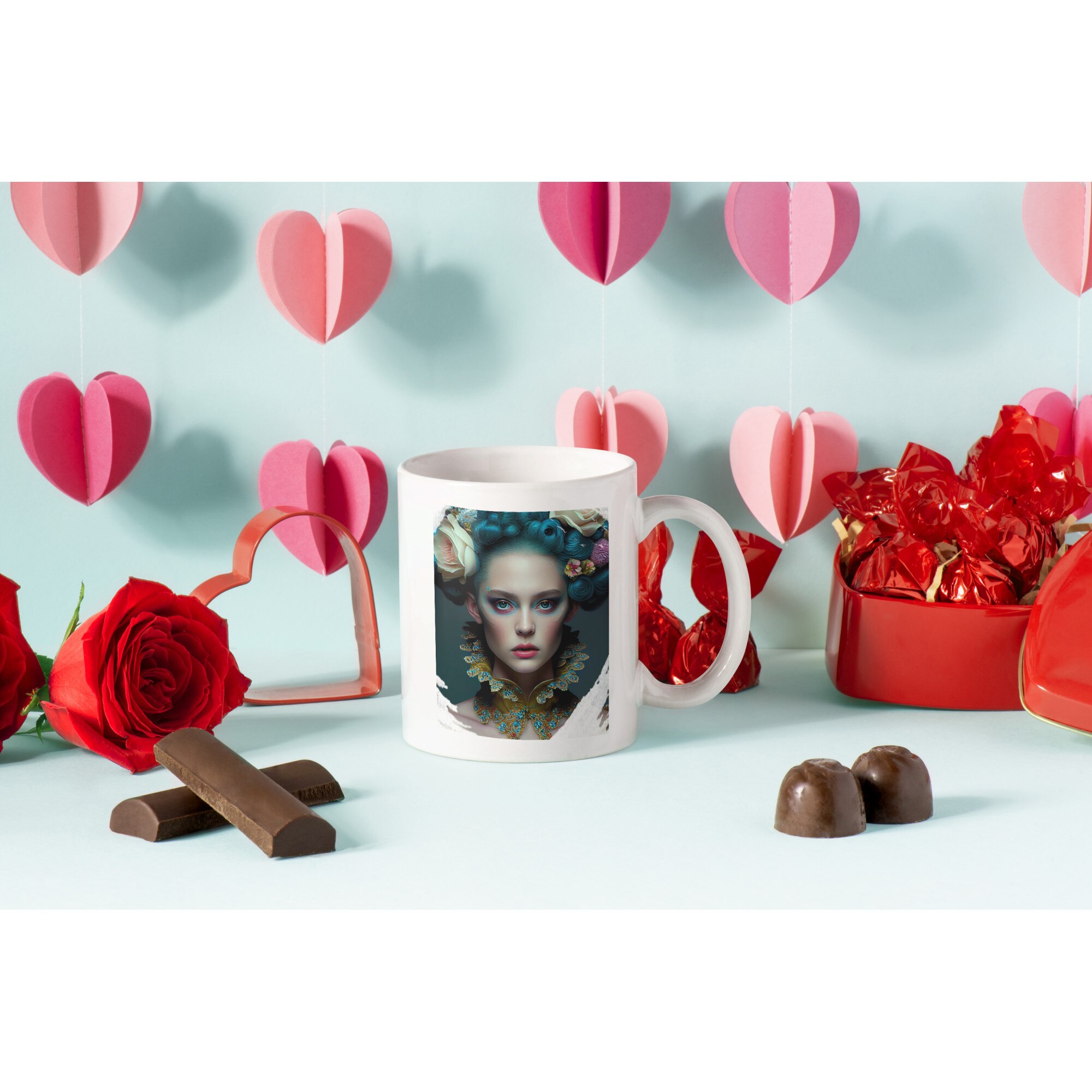 Bögre sápadt arcú portréval, lila haj, magas gallér, virágok a hajban ...