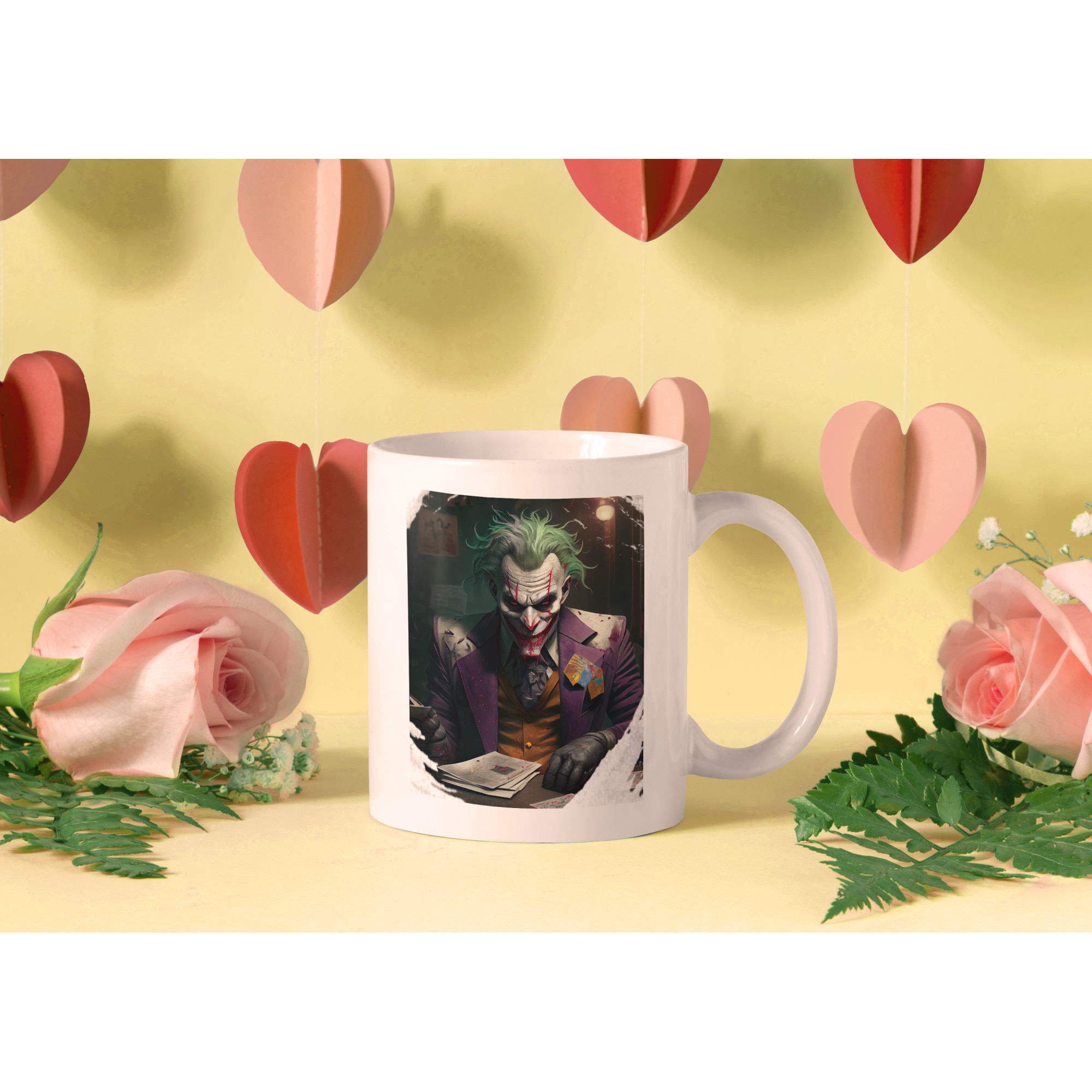 Joker portré bögre az asztalnál, akciófilmek, smink, rajzfilmek, Arthur ...