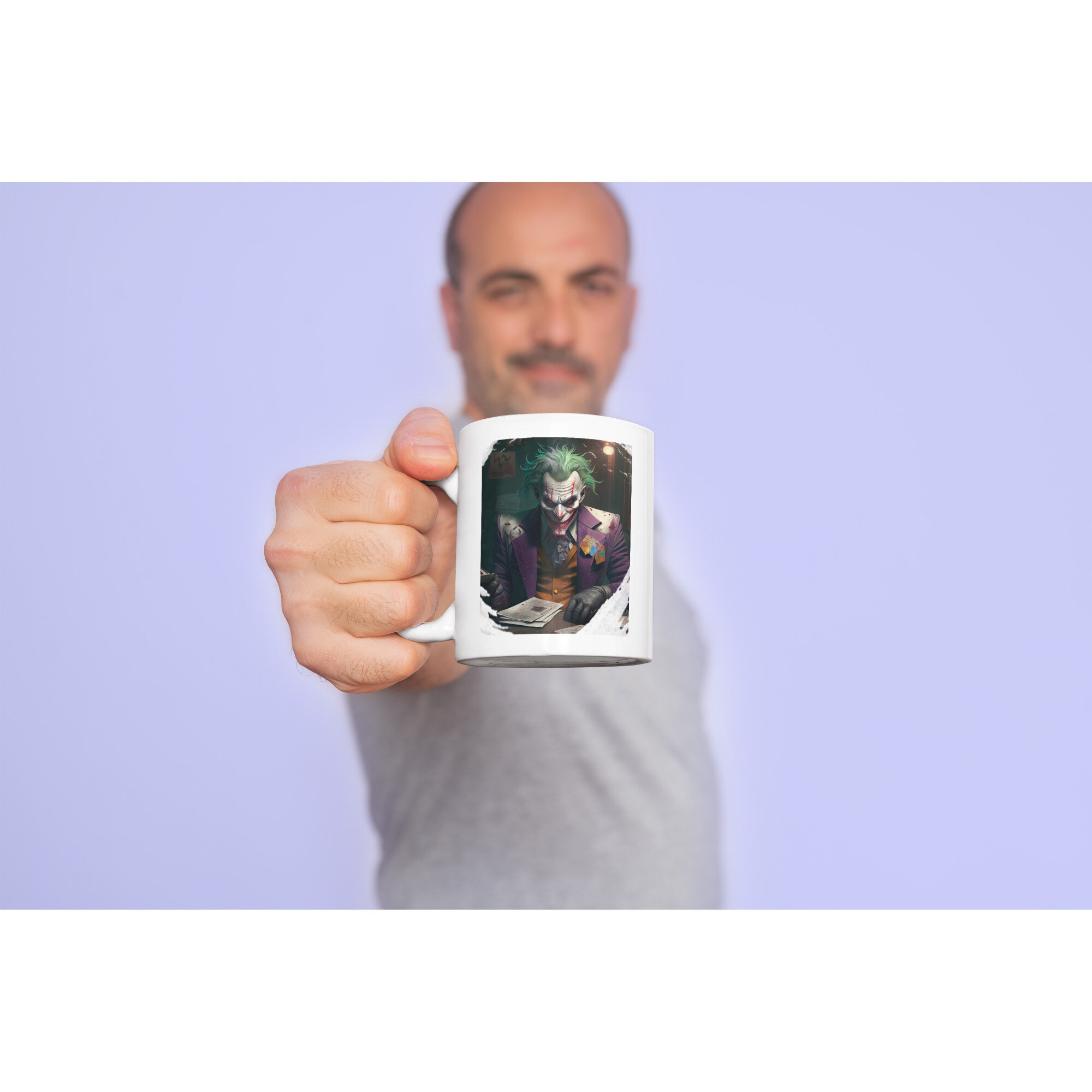 Joker portré bögre az asztalnál, akciófilmek, smink, rajzfilmek, Arthur ...