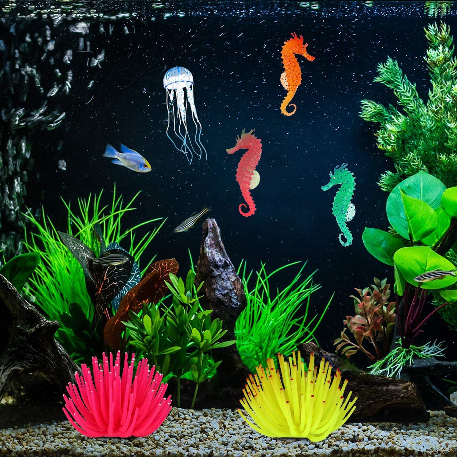 Set 3 caluti de mare decorativi acvariu, Silicon, 10x4 cm, Rosu/Verde ...