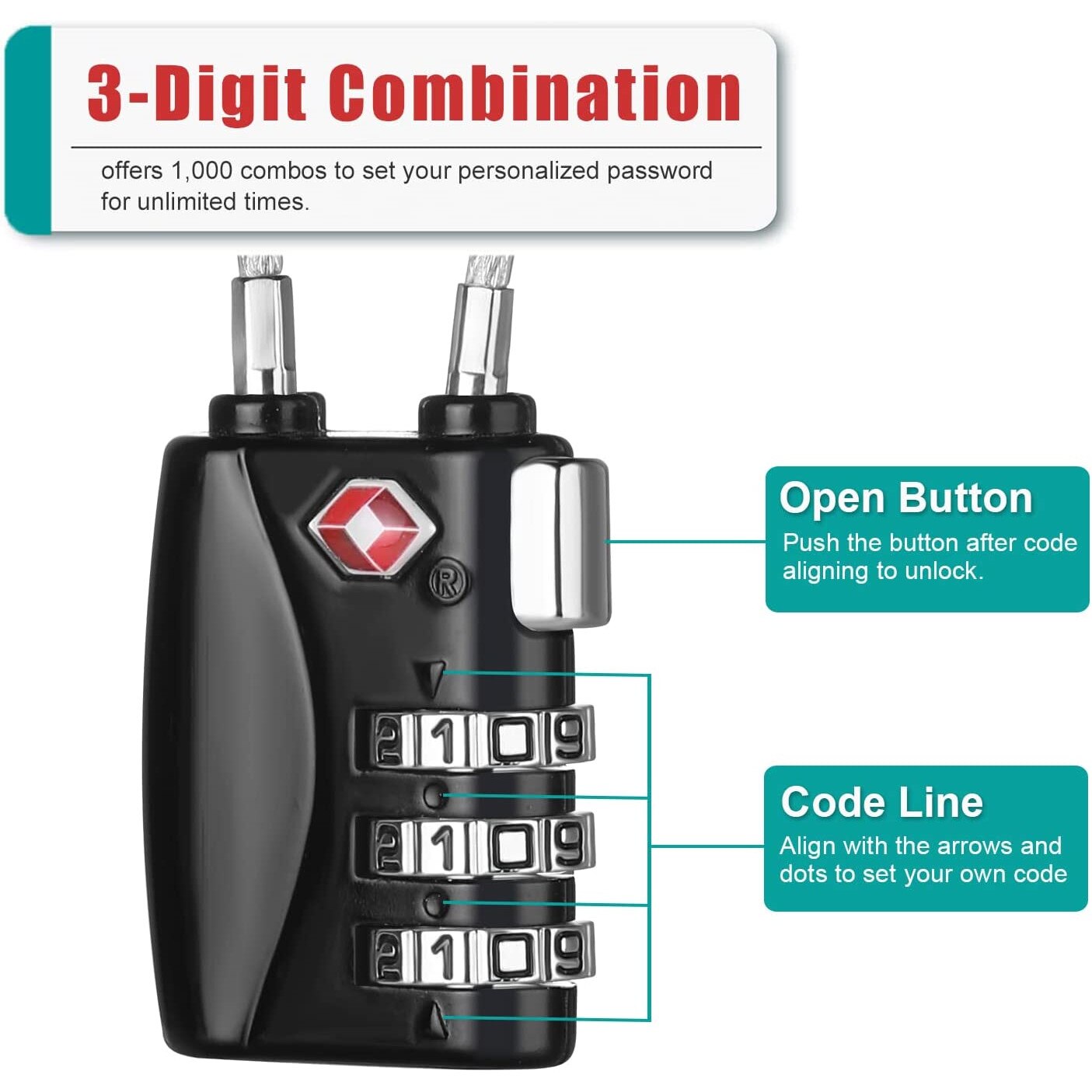 Lacat cu cifru, Aliaj de zinc, 14,2 cm, Negru - eMAG.ro