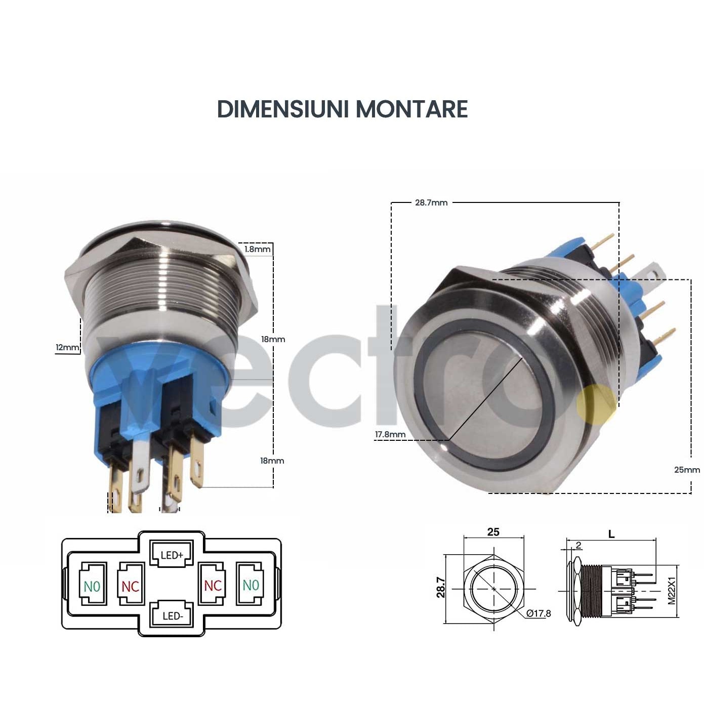 Buton Push 22mm cu Retinere, 12-24V, Led Rosu, Mufa inclusa, ElectroAZ ...