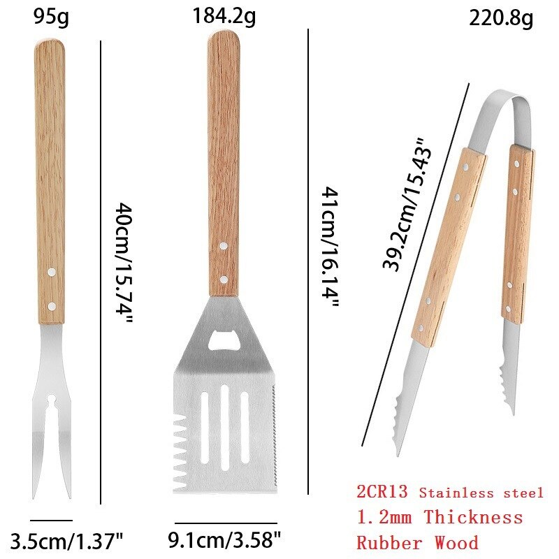 Set 3 unelte pentru gratar, Inox/Lemn, Argintiu/Maro - eMAG.ro