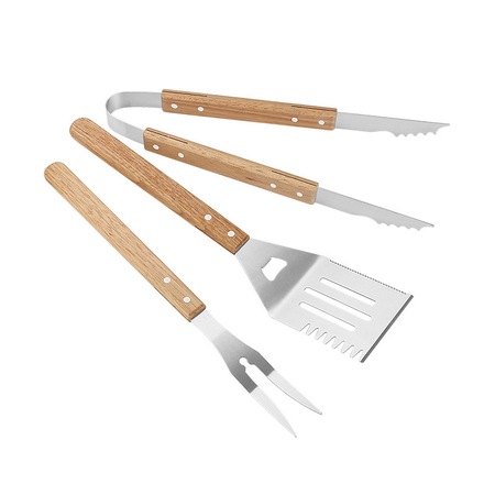 Set 3 unelte pentru gratar, Inox/Lemn, Argintiu/Maro - eMAG.ro