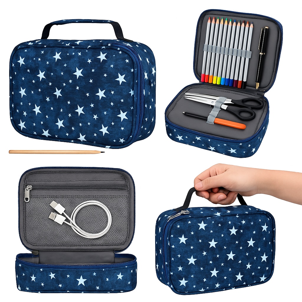 Penar ZEQAS tip geanta, 4 compartimente, lavabil, 72 accesorii, Cu pix ...