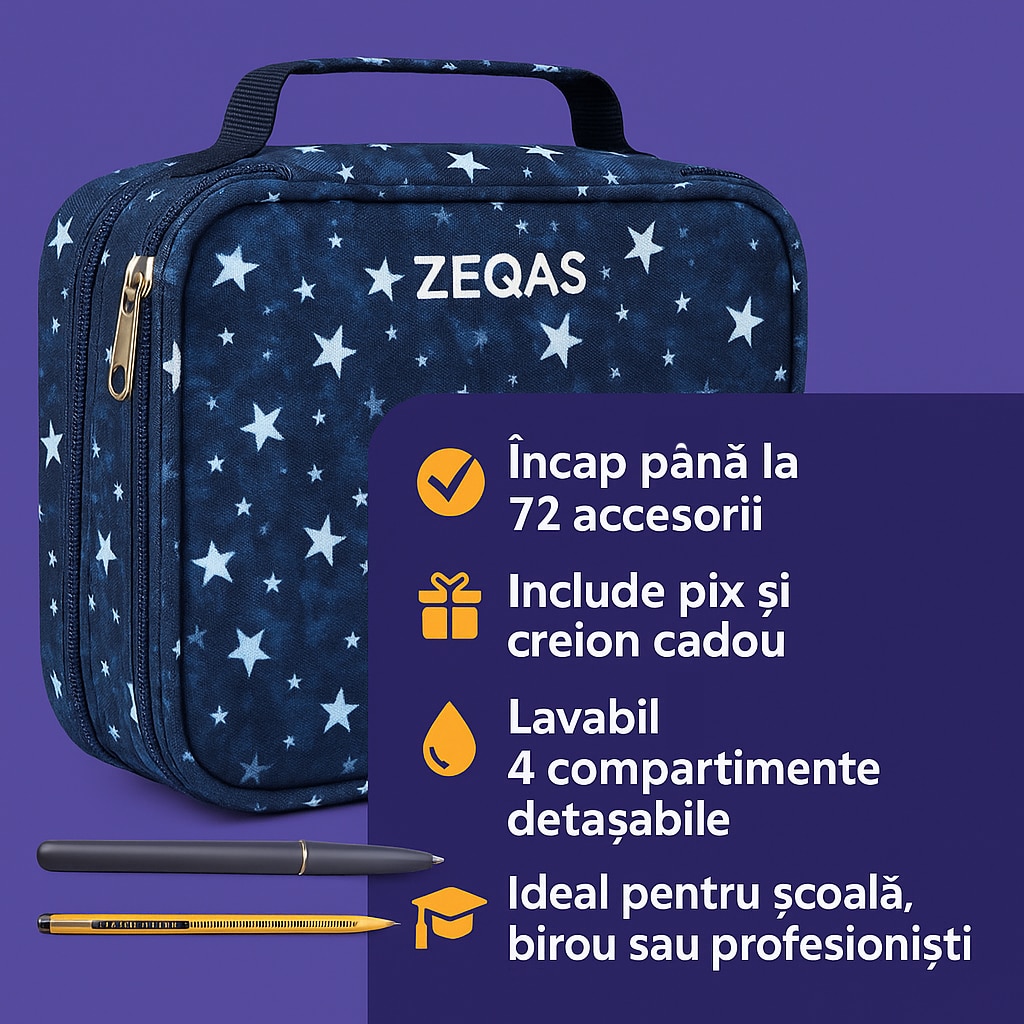 Penar ZEQAS tip geanta, 4 compartimente, lavabil, 72 accesorii, Cu pix ...