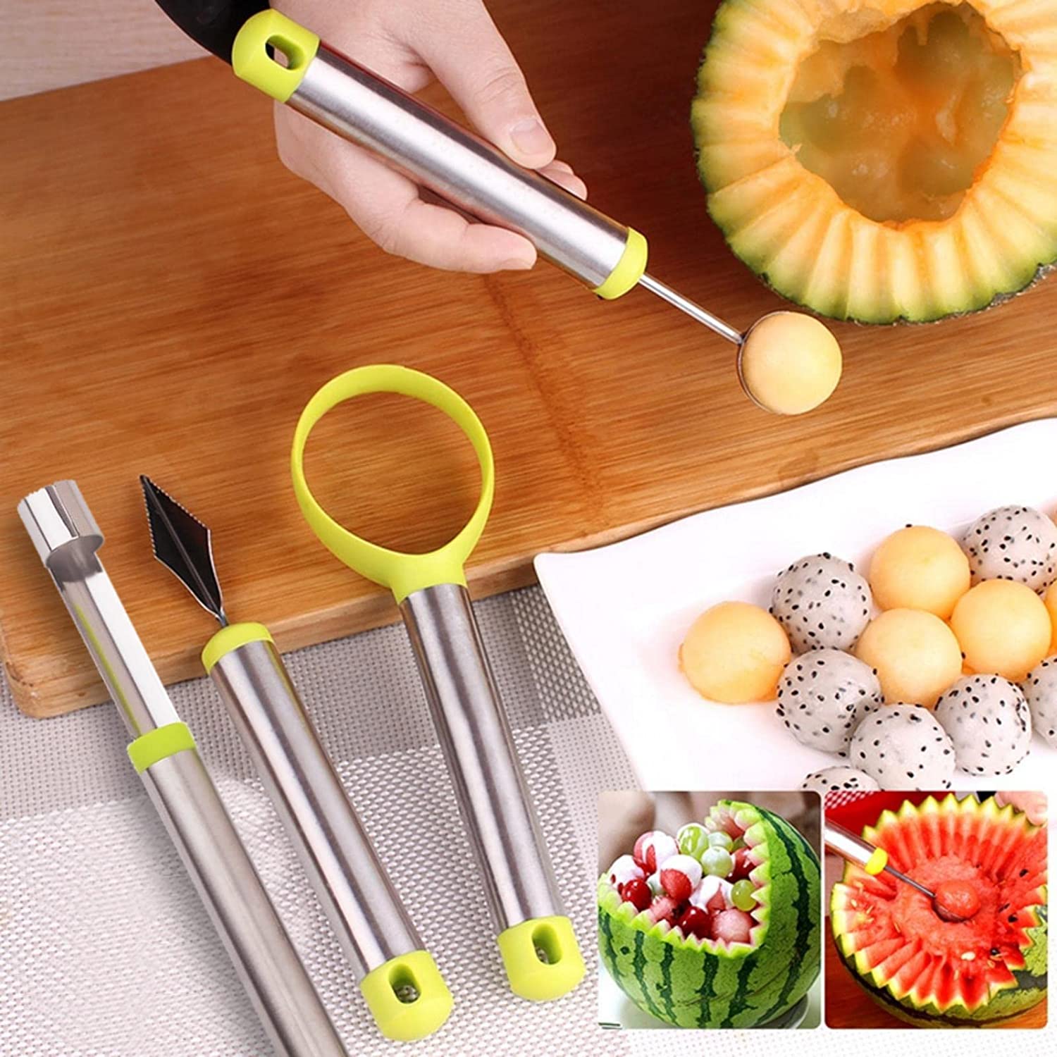 Set 4 ustensile de curatat si sculptat fructe, Inox, Argintiu/Verde ...