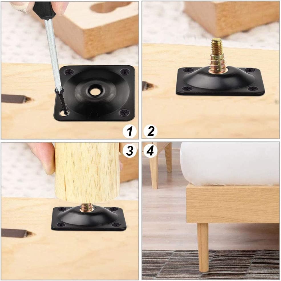 Set de 4 placi de fixare M8 pentru picioare de mobila, Fier, Negru ...