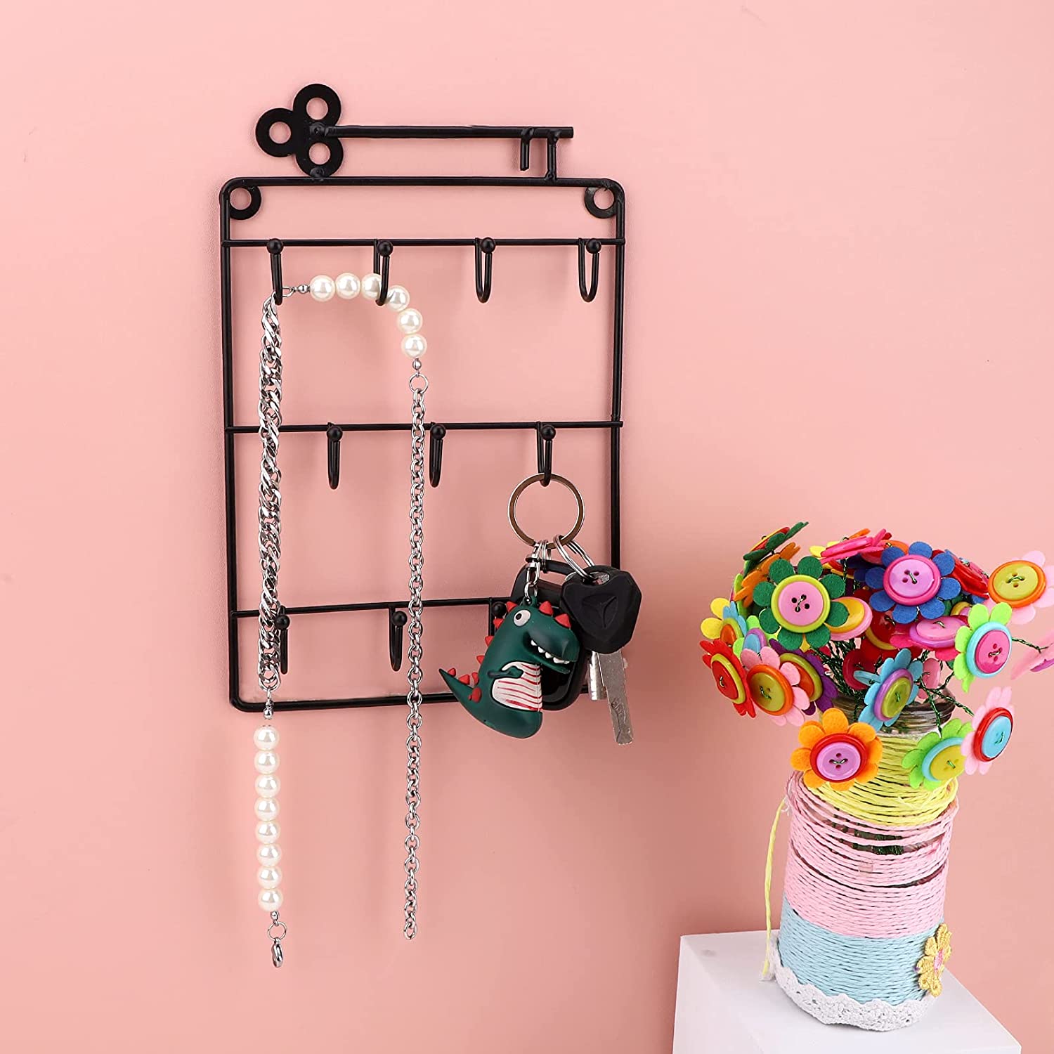 Suport pentru chei decorativ de perete cu 11 carlige, Metal, 16x24.5 cm ...