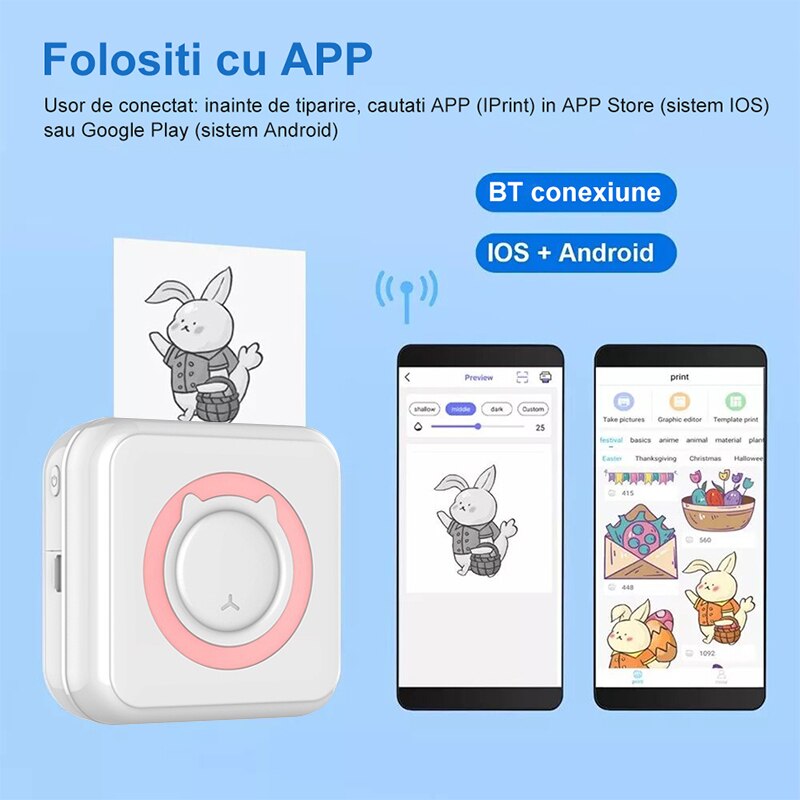 Mini imprimanta termica si 10 role hartie 57x25mm, cu stilouri colorate ...