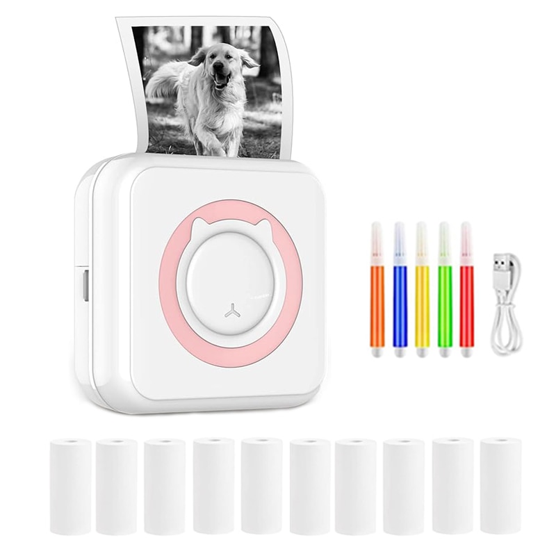 Mini imprimanta termica si 10 role hartie 57x25mm, cu stilouri colorate ...