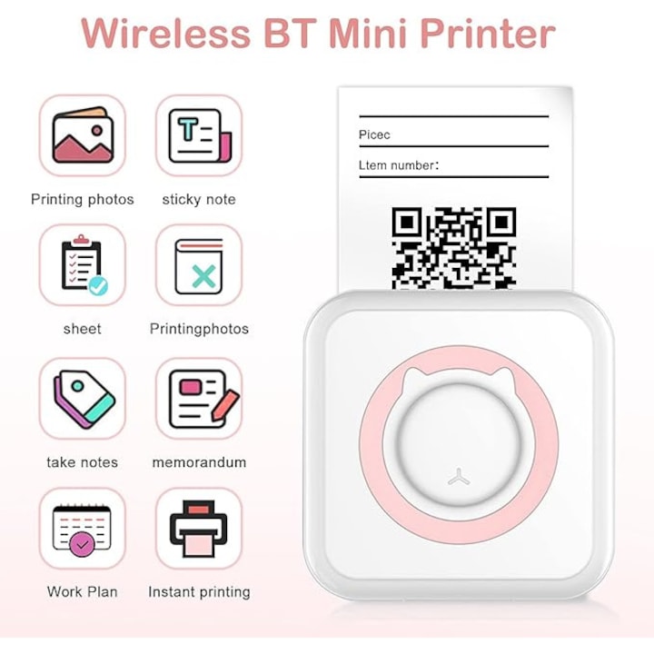 Mini imprimanta termica si 10 role hartie 57x25mm, cu stilouri colorate ...