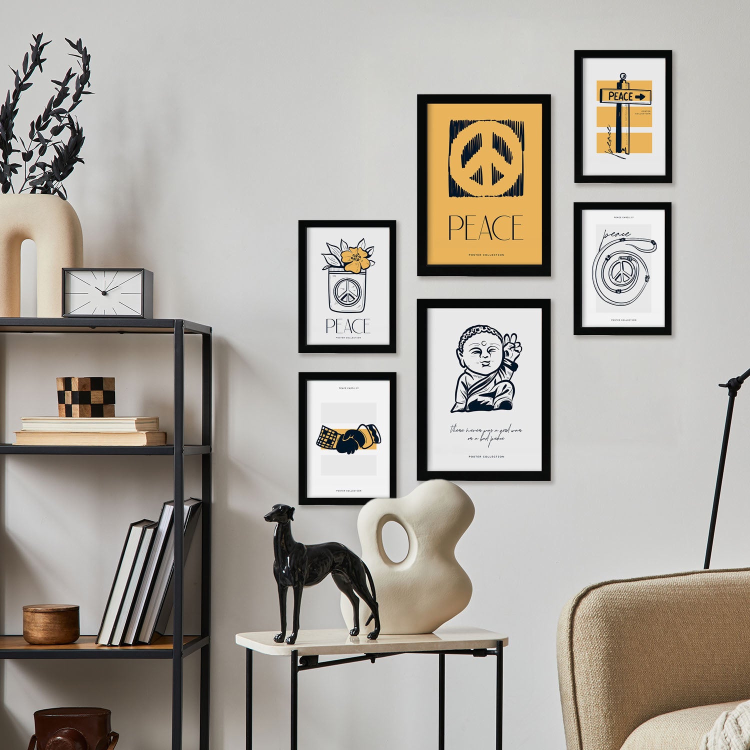 Set 6 postere cu cerneala neagra Nacnic, Simbolul pacii, A3 & A4, Rama ...