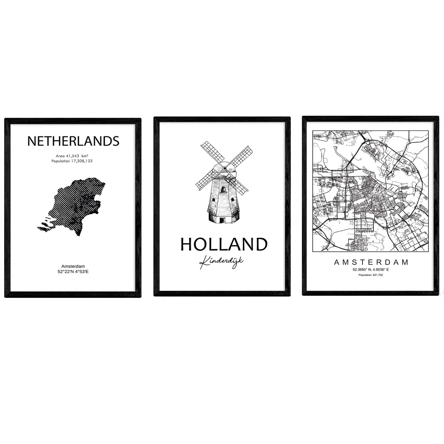 Set 3 tablouri cu harta orasului Amsterdam si harta Olandei, Nacnic, A4 ...