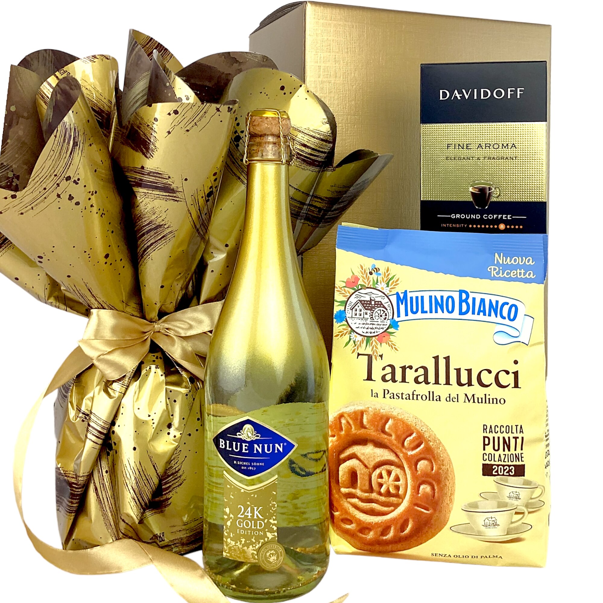 Cutie cadou Gold Special Gift Box cu spumant Blue Nun cu aur 24K, cafea ...