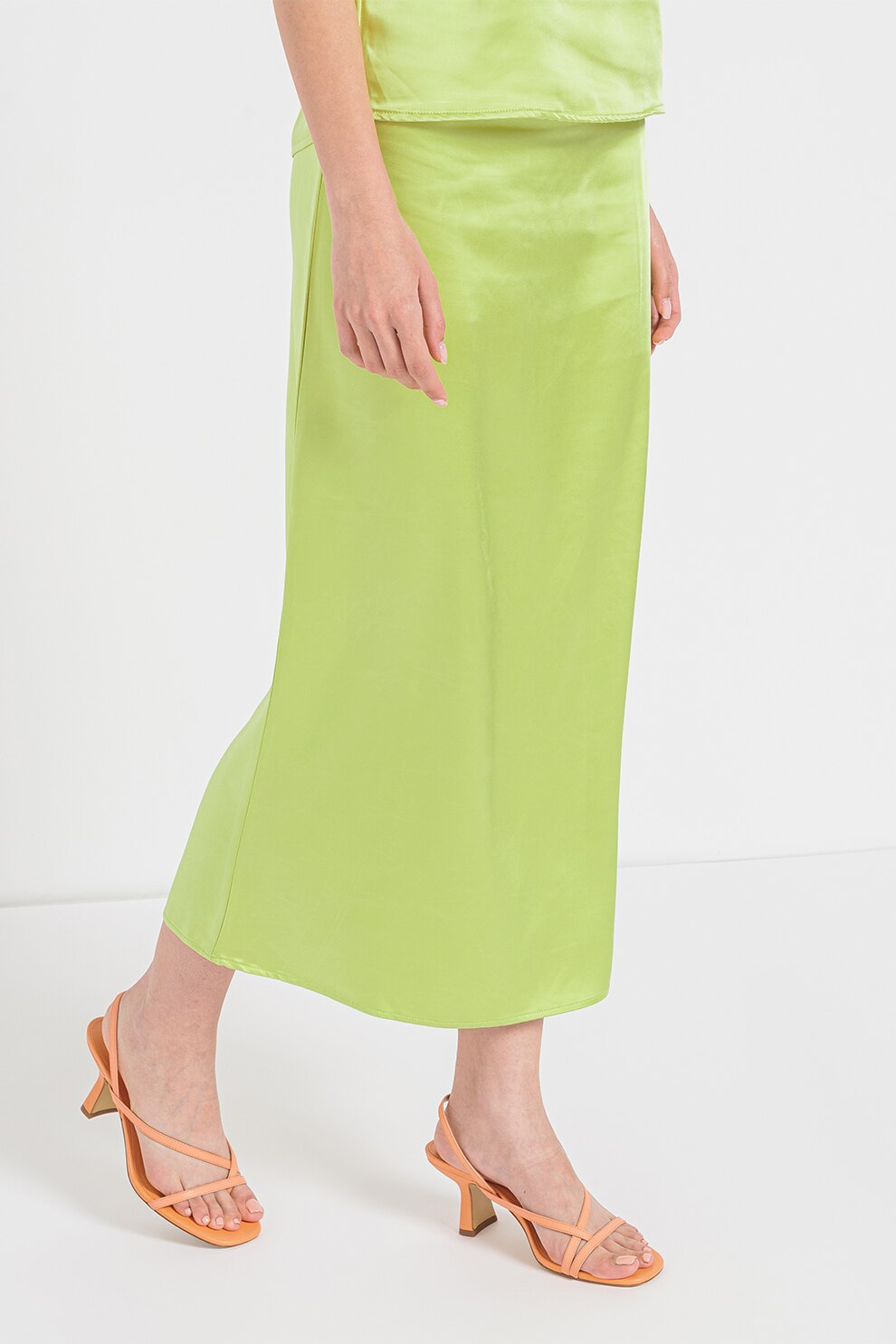 Only, Fusta evazata de satin Mayra, Verde lime, 38 - eMAG.ro