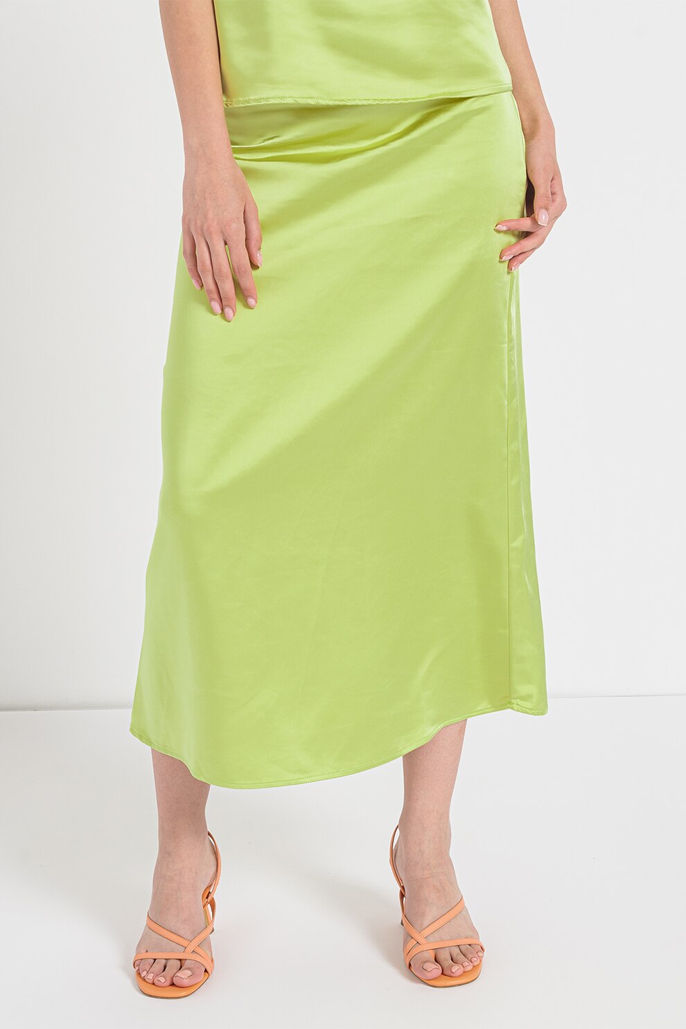 Only, Fusta evazata de satin Mayra, Verde lime, 38 - eMAG.ro