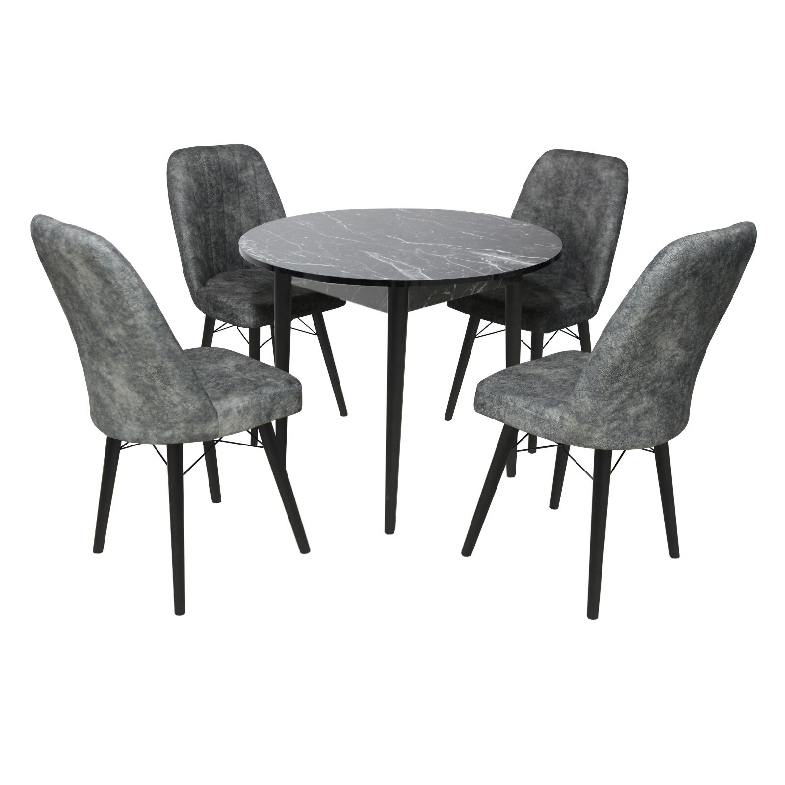 Set masa rotunda Aris Negru Marmorat cu 4 scaune Atena, cadru din metal ...