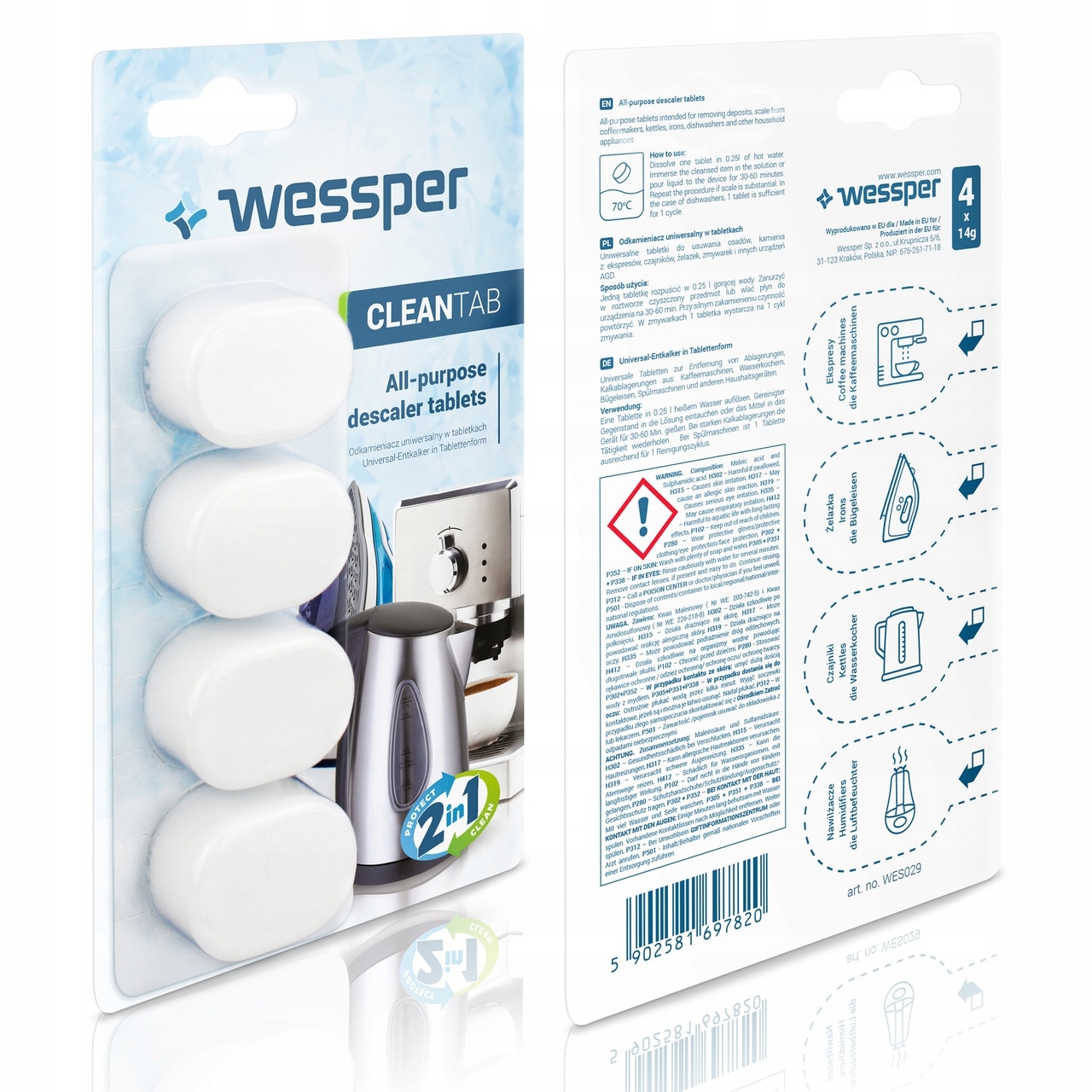 Средство за премахване на котлен камък за кафе машина, Wessper CleanTab, 12 бр., Съвместим с ...