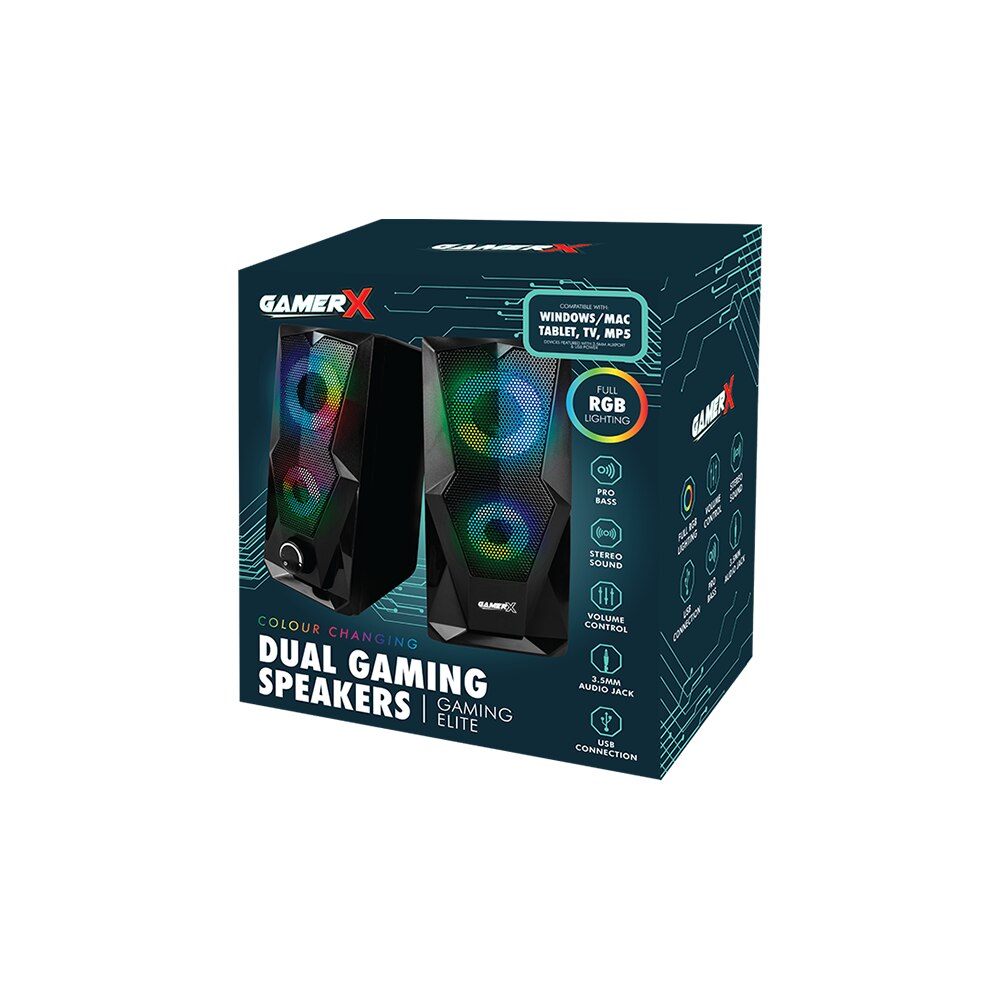 Set 2 boxe gaming, iluminare RGB, 6W, 70 db, USB si Jack 3.5 mm, negru ...
