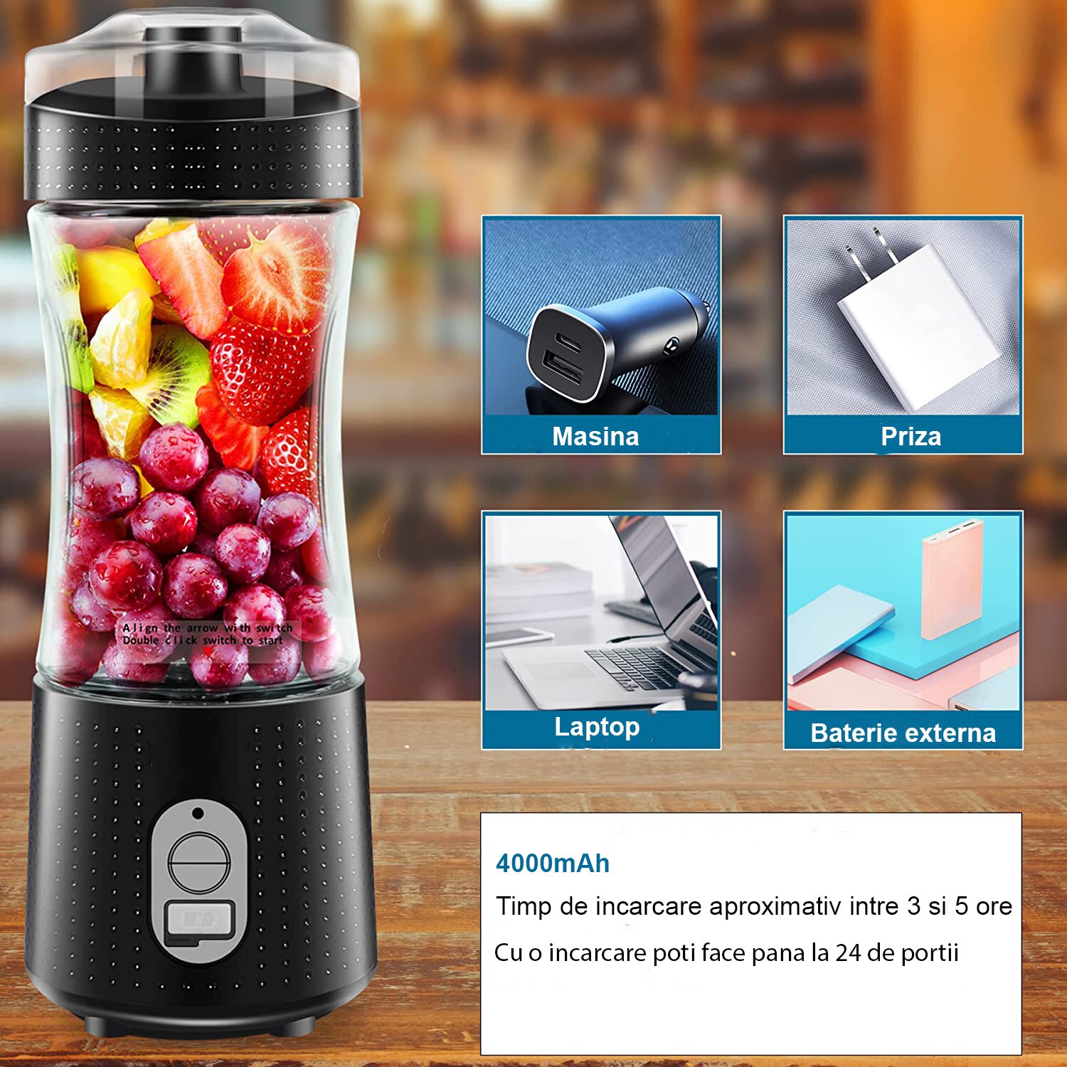 Mini Blender Electric Portabil WowStep®, Multifunctional, Capacitate 380ml, Baterie ...