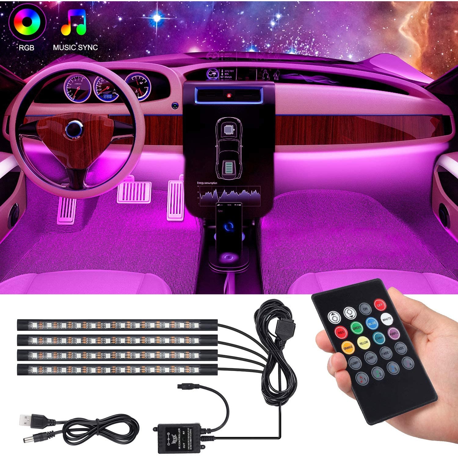 Kit 4 benzi lumini ambientale LED auto RGB interior cu telecomanda USB ...