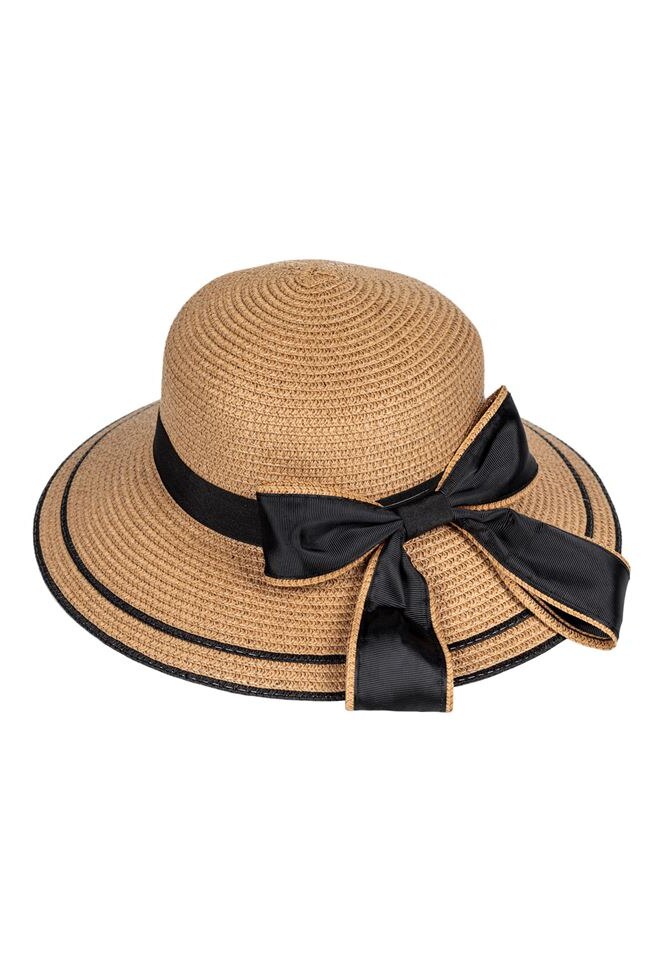 Palarie panama pentru fete din paie, cu panglica funda, 57cm, maro ...