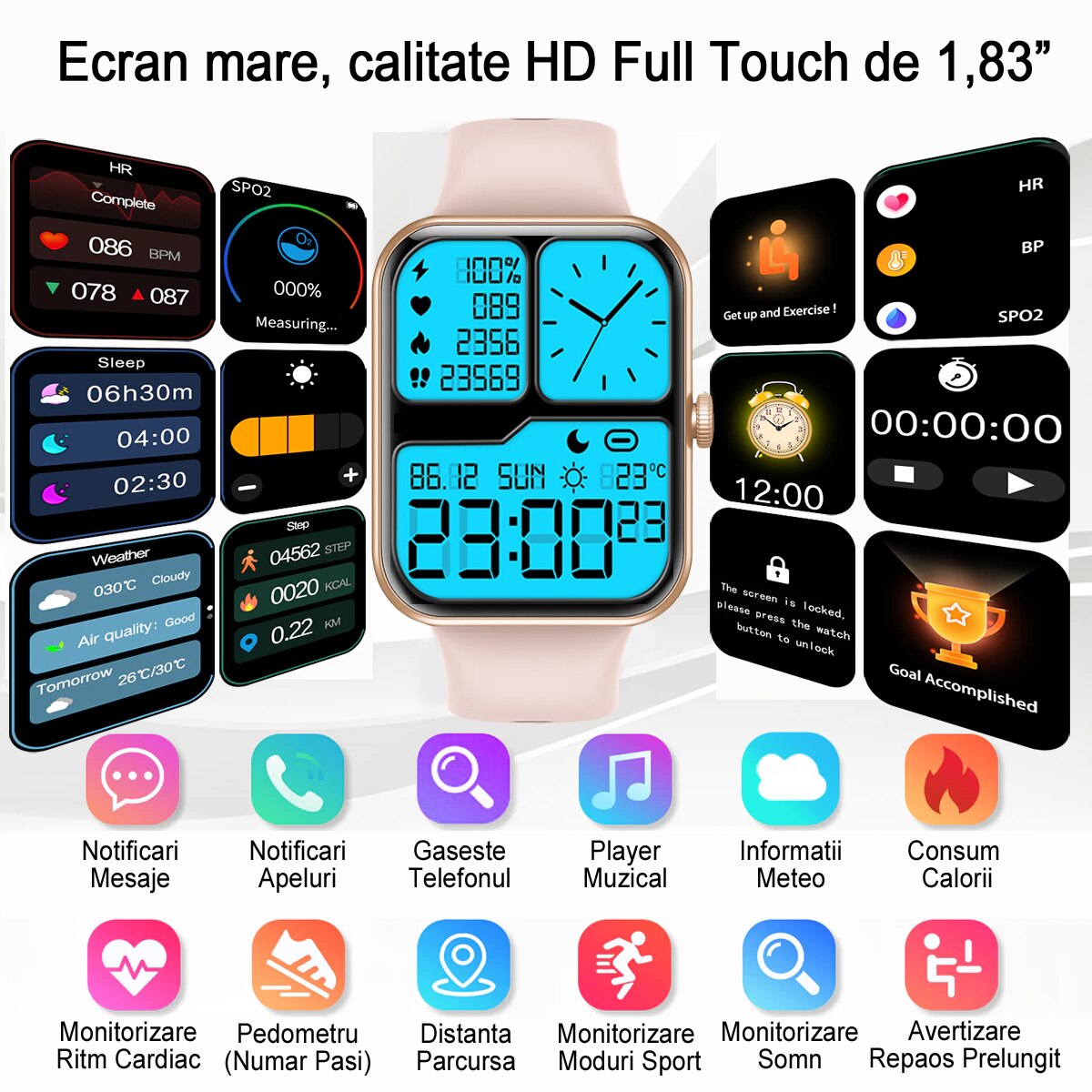 Ceas smartwatch Infitime SQ, ecran 1.83", cu Notificari apeluri si ...