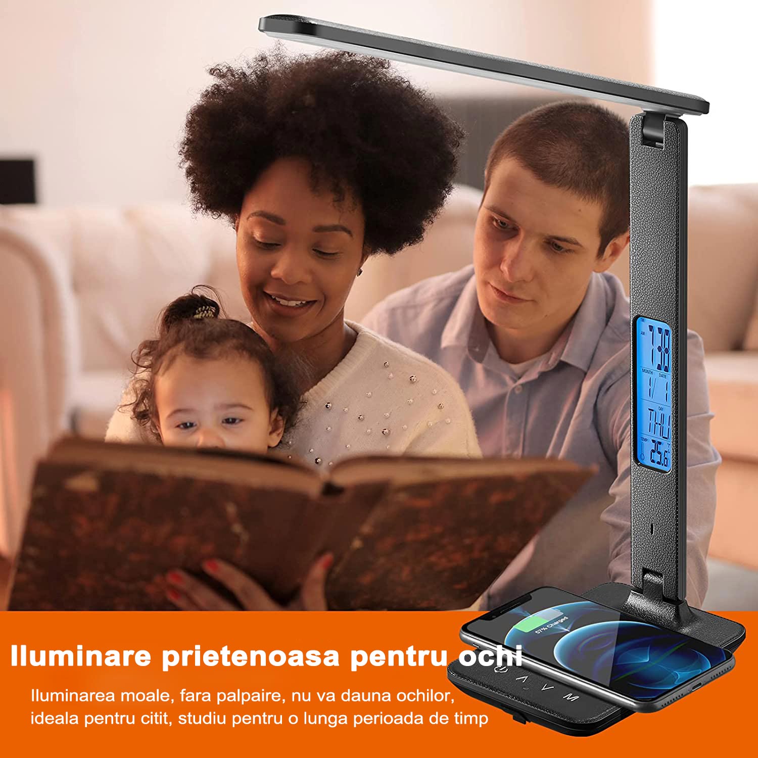 Lampa de birou LED, YWX, Pliabil, Protectia ochilor, Reglabil, 3 culori, Incarcare wireless, 10W ...