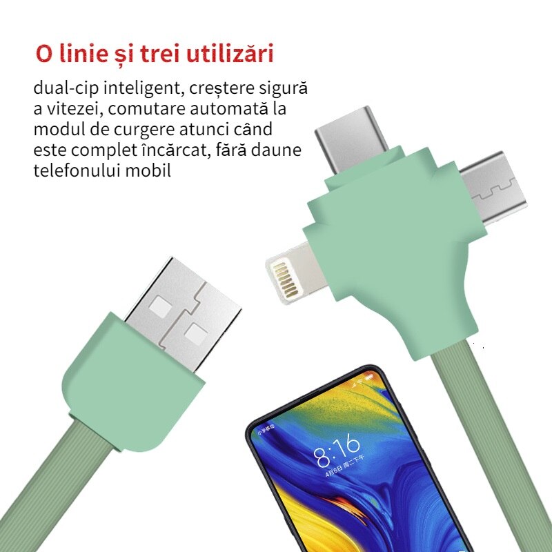 Cablu de date 3-in-1, incarcare super rapida, reglabil, verde - eMAG.ro