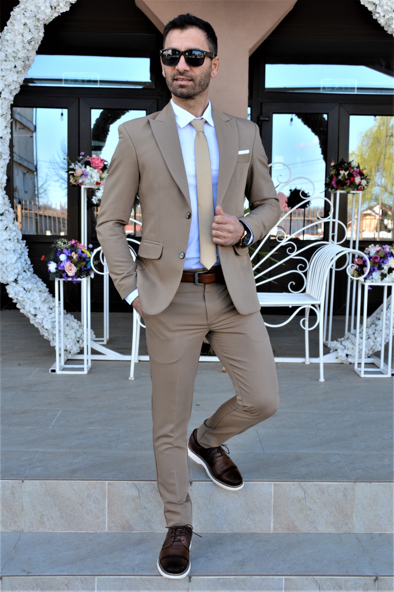 Costum barbat, Sunt Romanesc, slim fit, casual, bej, marimea M - eMAG.ro