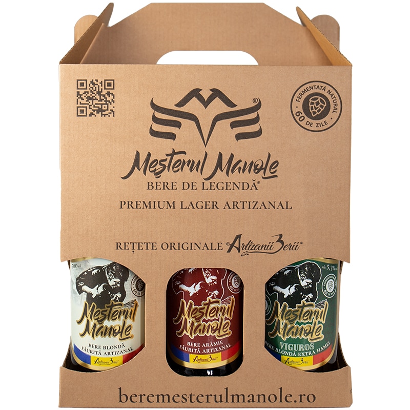 Cutie Bere Artizanala Mesterul Manole cu 4 sticle bere 3x500ml, 1x330 ...