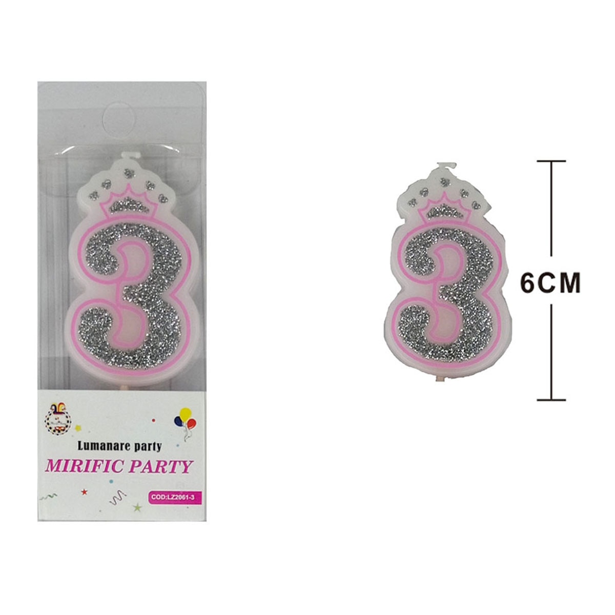 Lumanare aniversara pentru tort, cifra 3, LZ2061-3, roz/argintiu, 6 cm ...