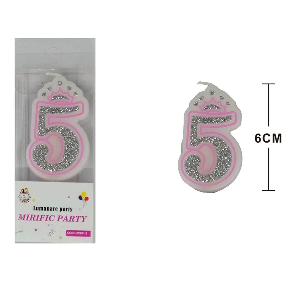 Lumanare aniversara pentru tort, cifra 5, LZ2061-5, roz/argintiu, 6 cm ...
