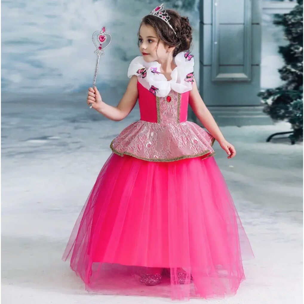 Set rochie Printesa Aurora cu 6 piese accesorii, roz, 130 cm - eMAG.ro