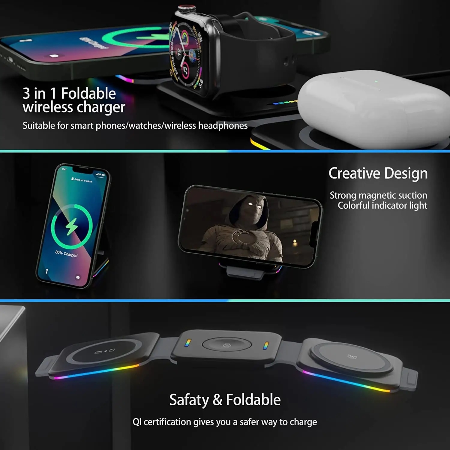 Магнитно безжично зарядно устройство 3 в 1 VALA® MagSafe LED, ултра ...