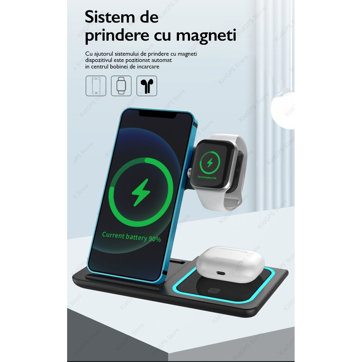Incarcator Wireless 3 in 1, Invincio Power, Statie incarcare pentru ...