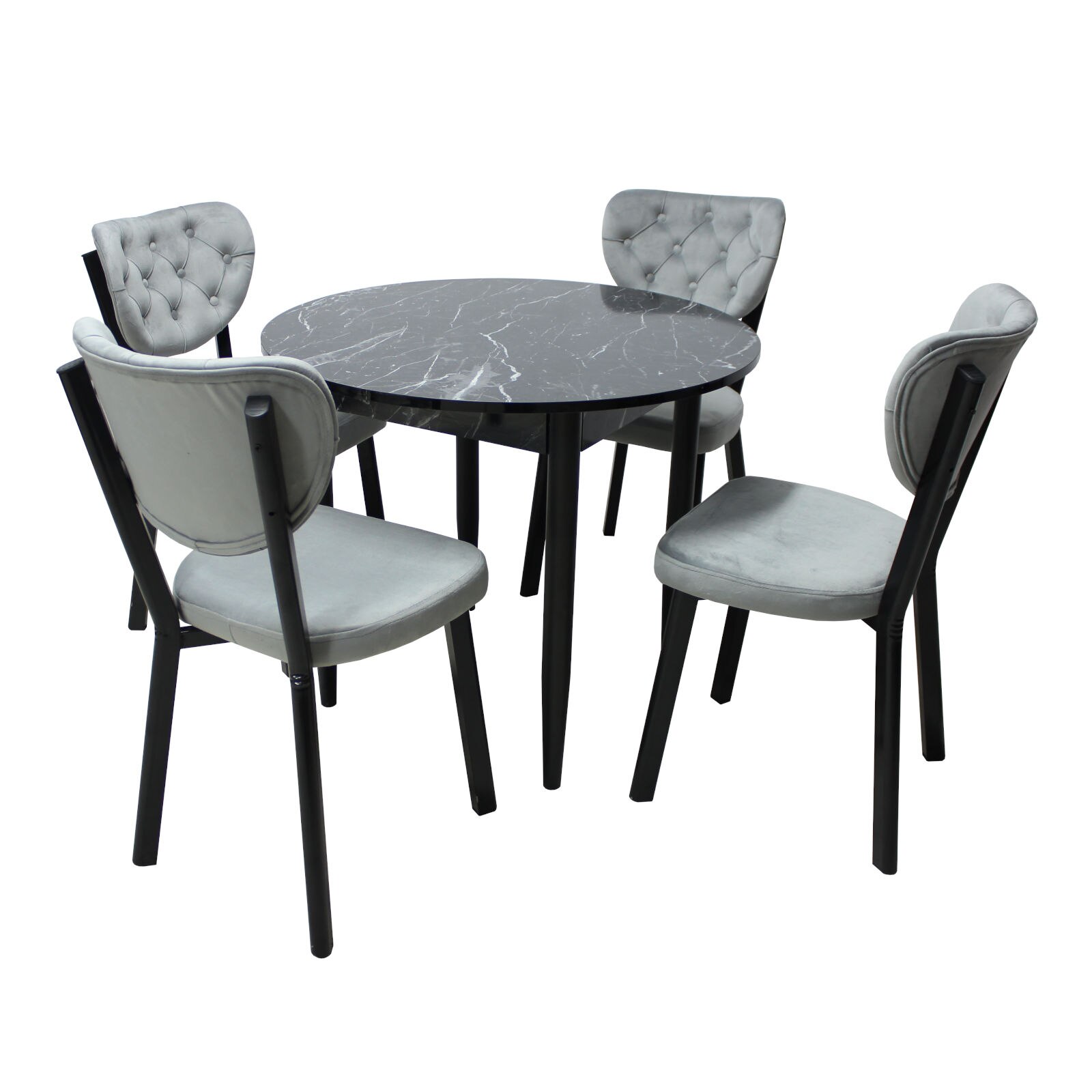 Set masa rotunda Aris Negru Marmorat cu 4 scaune Olymp, cadru din metal ...