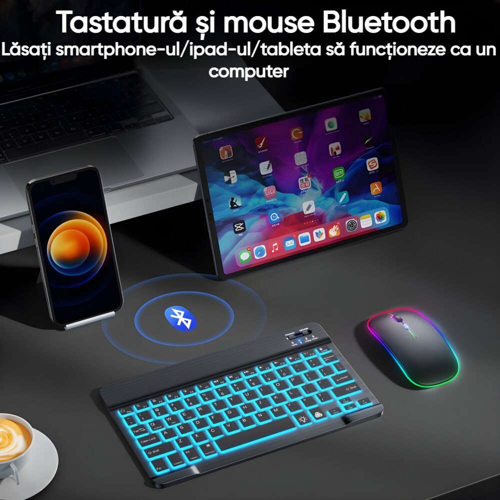 Kit Tastatura si Mouse Bluetooth Emperify™, Windows/Mac/IOS/Android, Iluminare RGB, Reincarcabil ...
