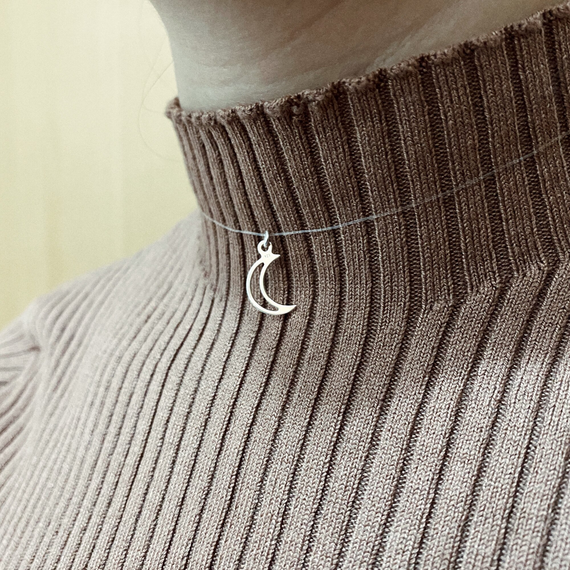 Colier fir transparent cu pandantiv Semiluna, din Argint 925, reglabil ...