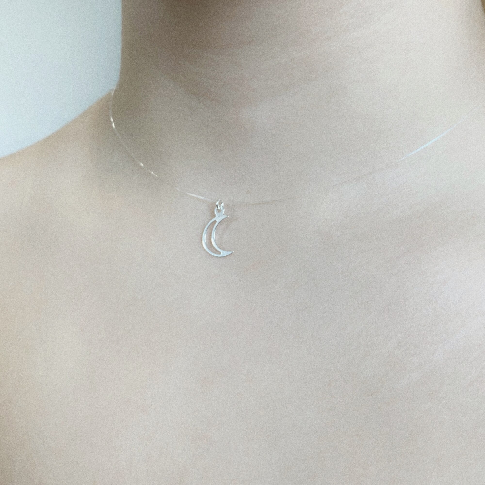 Colier fir transparent cu pandantiv Semiluna, din Argint 925, reglabil ...