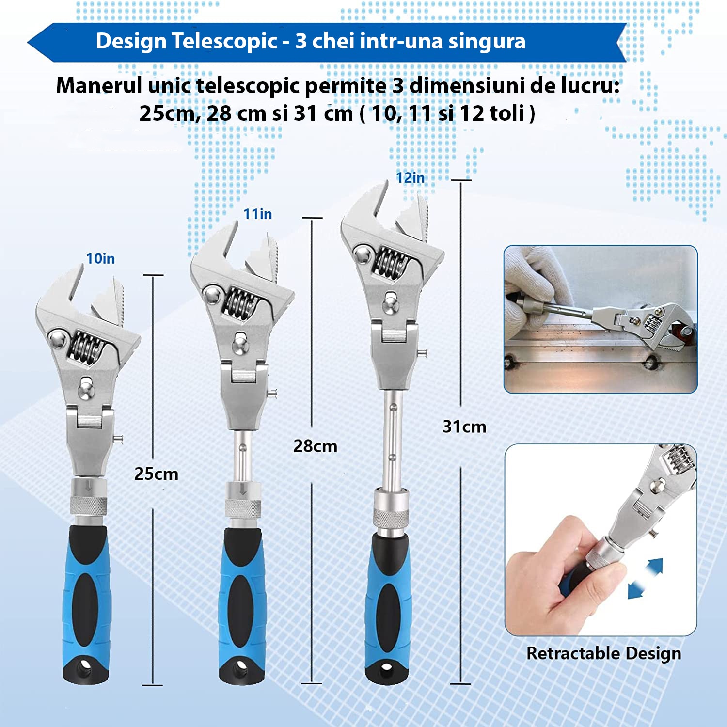 Cheie Universala Ajustabila Tip Franceza sau Mops, cu cap rabatabil 180 ...