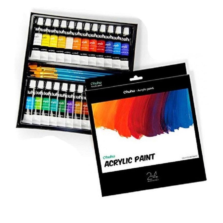 Set 24 Acuarele Acrilice OHUHU, 12 ml/Tub, Multicolor, 6 pensule ...