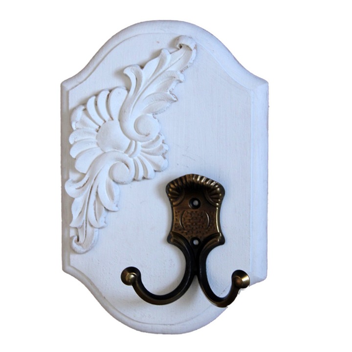 Cuier, suport chei, alb antichizat, lemn, 2 agatatori, 14 x 20 cm - eMAG.ro