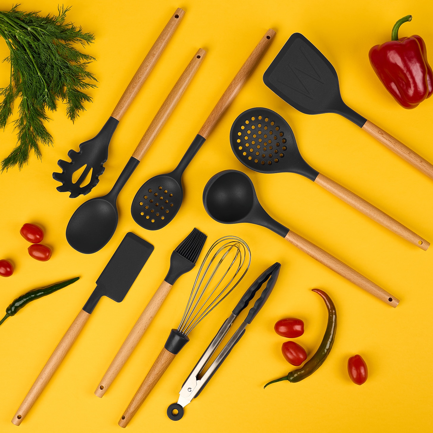 Set ustensile bucatarie Premium 18 piese Lemn si Silicon alimentar ...
