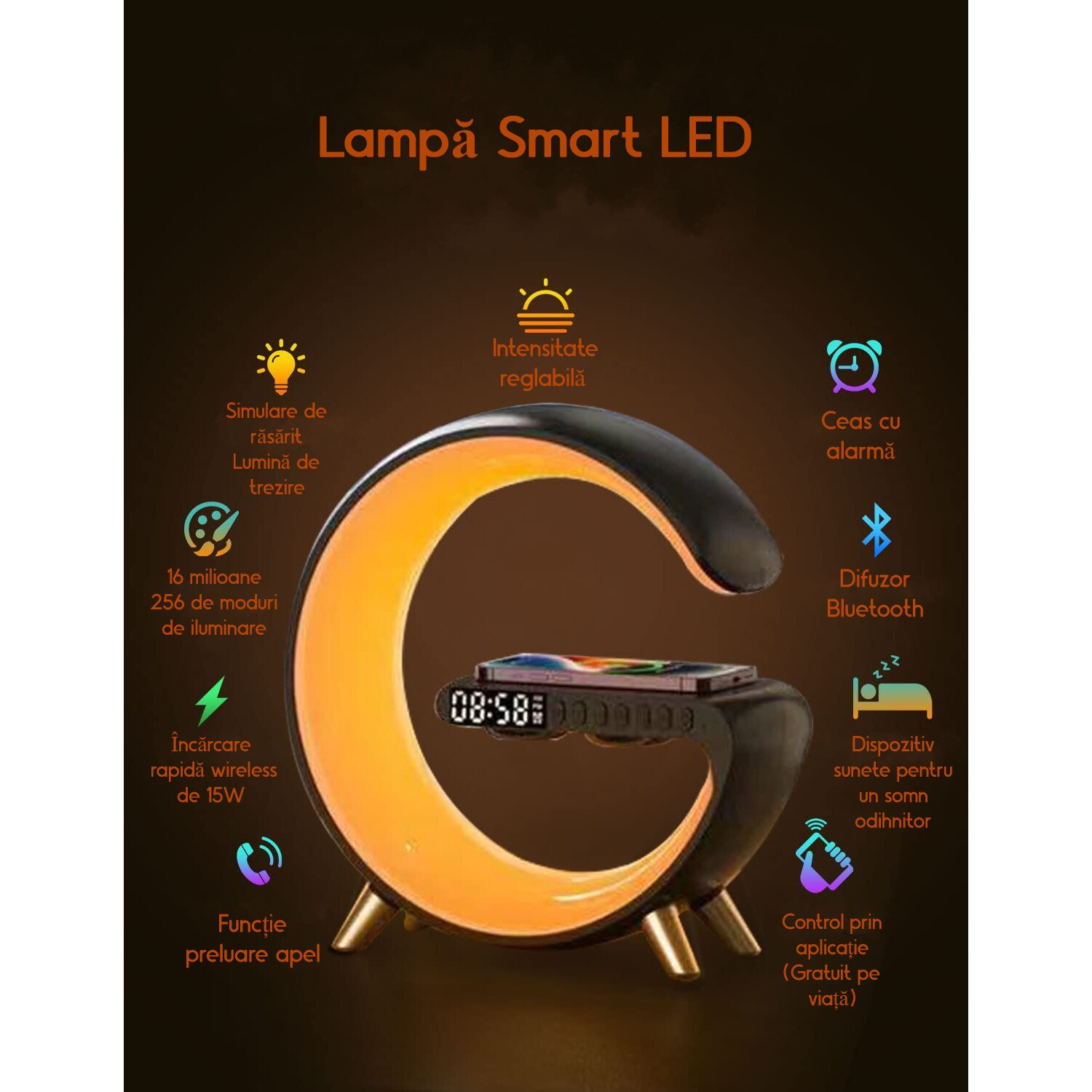 Lampa Smart LED RGB si Incarcator Wireless 15W Ventlex®, Lumini ...